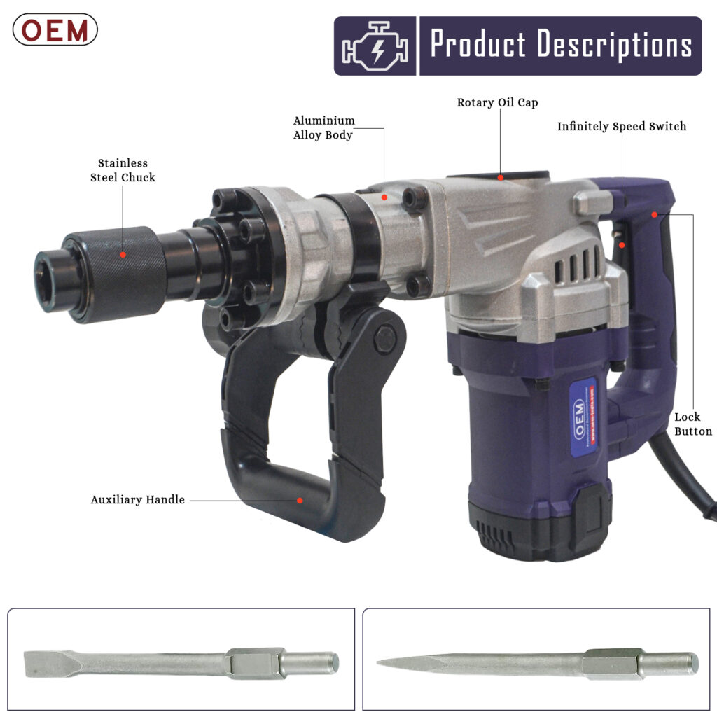OEM Professinal Demolition Hammer 7Kg 1500W, 20J Impact Force, 3000 RPM ...