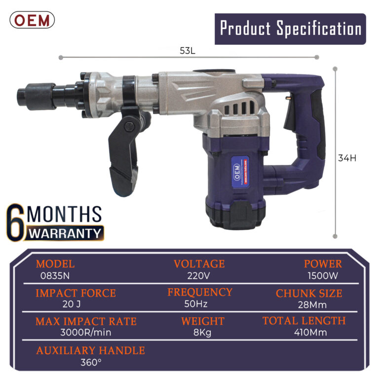 OEM Professinal Demolition Hammer 7Kg 1500W, 20J Impact Force, 3000 RPM ...